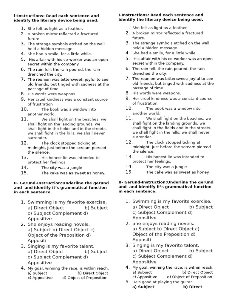 Identify Literary Devices and Gerunds | PDF | Object (Grammar ...