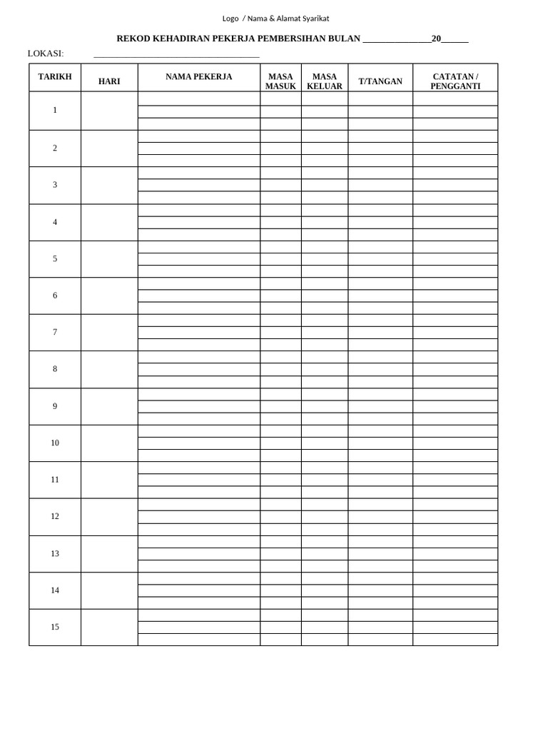 Contoh Borang Rekod Kehadiran | PDF