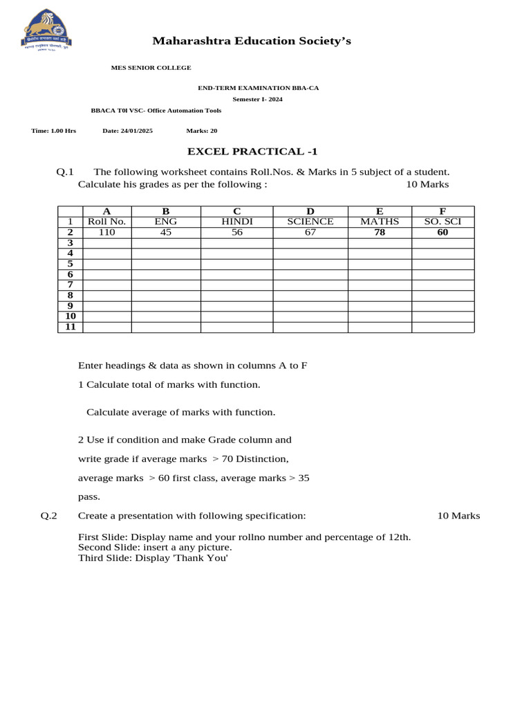 Sem I Excel Practical Exam | PDF
