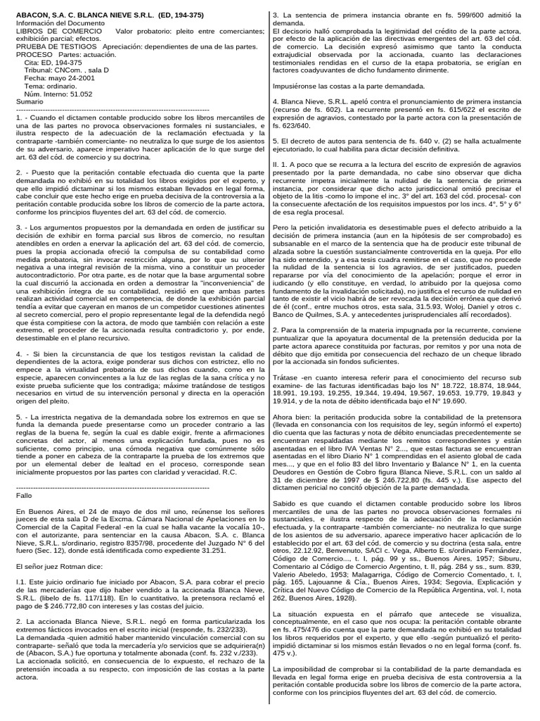 Abacon, S.A. C. Blanca Nieve S.R.L. (Ed, 194-375) - 2 Hojas | PDF ...