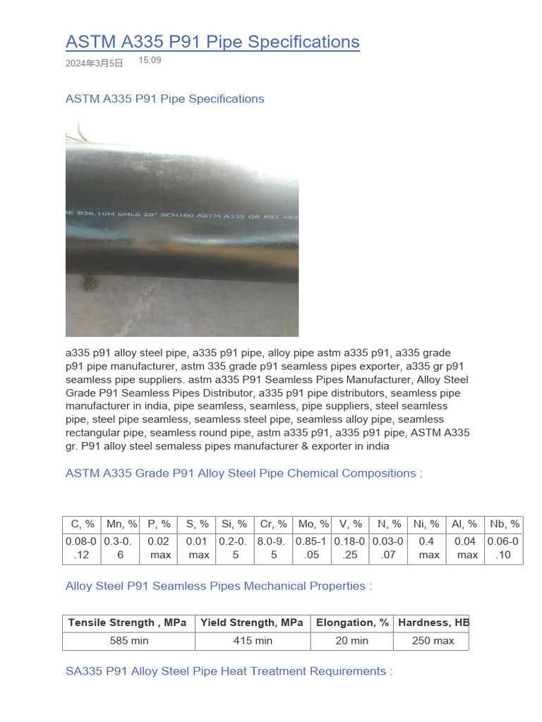 ASTM A335 P91 Pipe Specifications | PDF | Pipe (Fluid Conveyance) | Steel