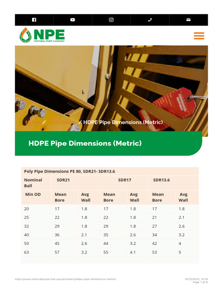 HDPE Pipe Dimensions (Metric) - National Pump & Energy | PDF