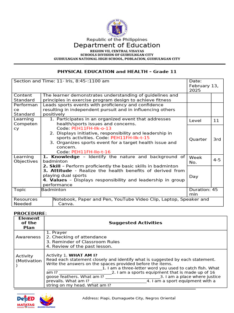Grade 11 Badminton Lesson Plan | PDF