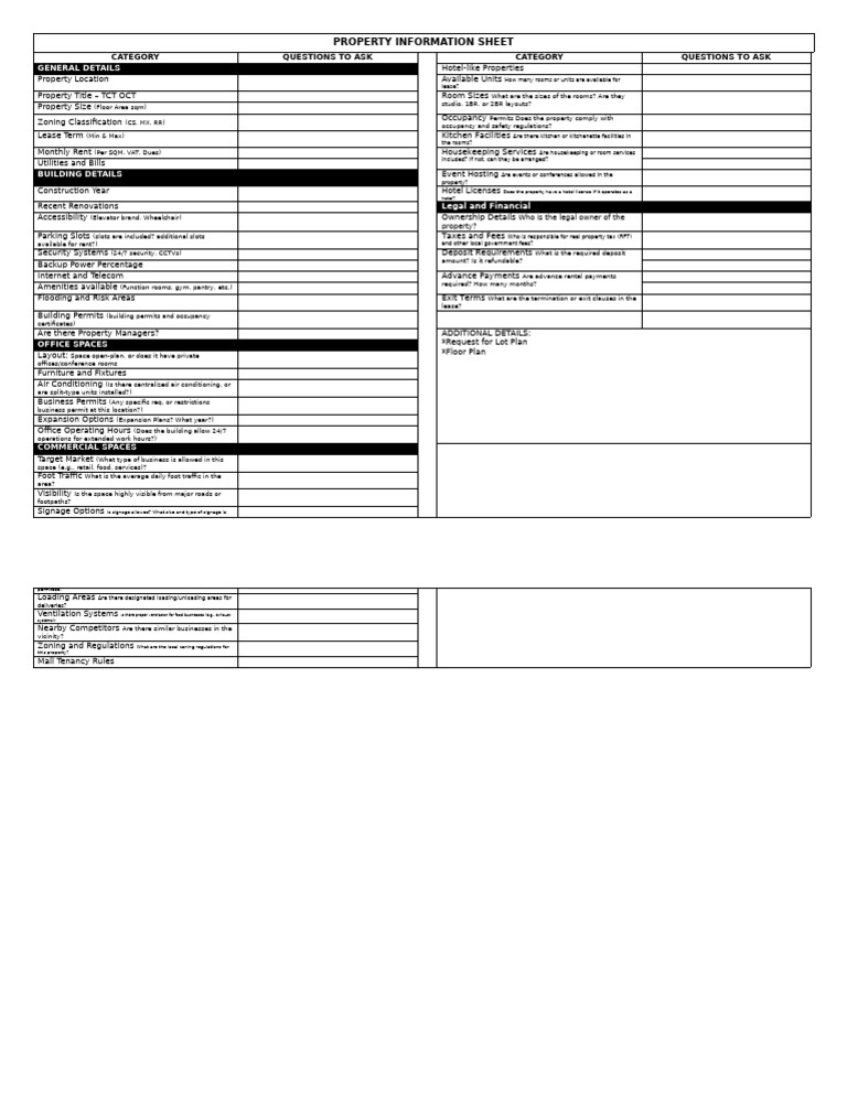 Property Information Sheet - Checklist | PDF