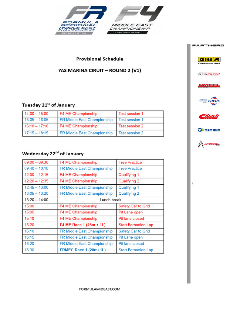 Yas Marina Circuit January 2024 Schedule | PDF