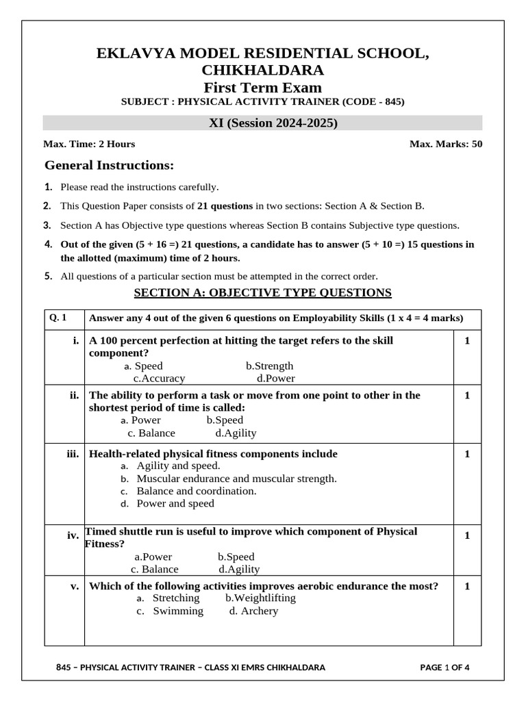 845 Physical Activity Trainer Class XI Term-1 / First Term Examination ...