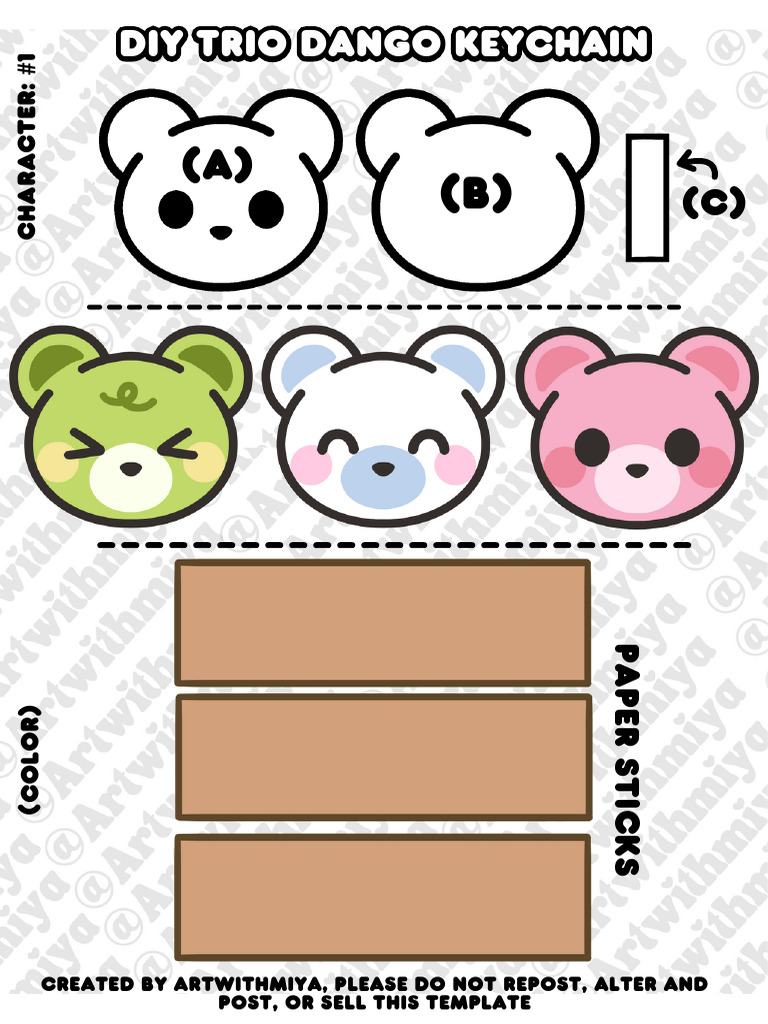 DIY Trio Dango Keychains (Character #1) Black & White + Color | PDF