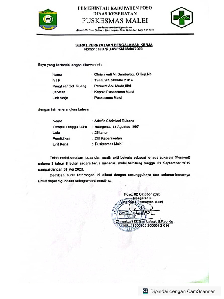 Surat Pengalaman Kerja Adel | PDF
