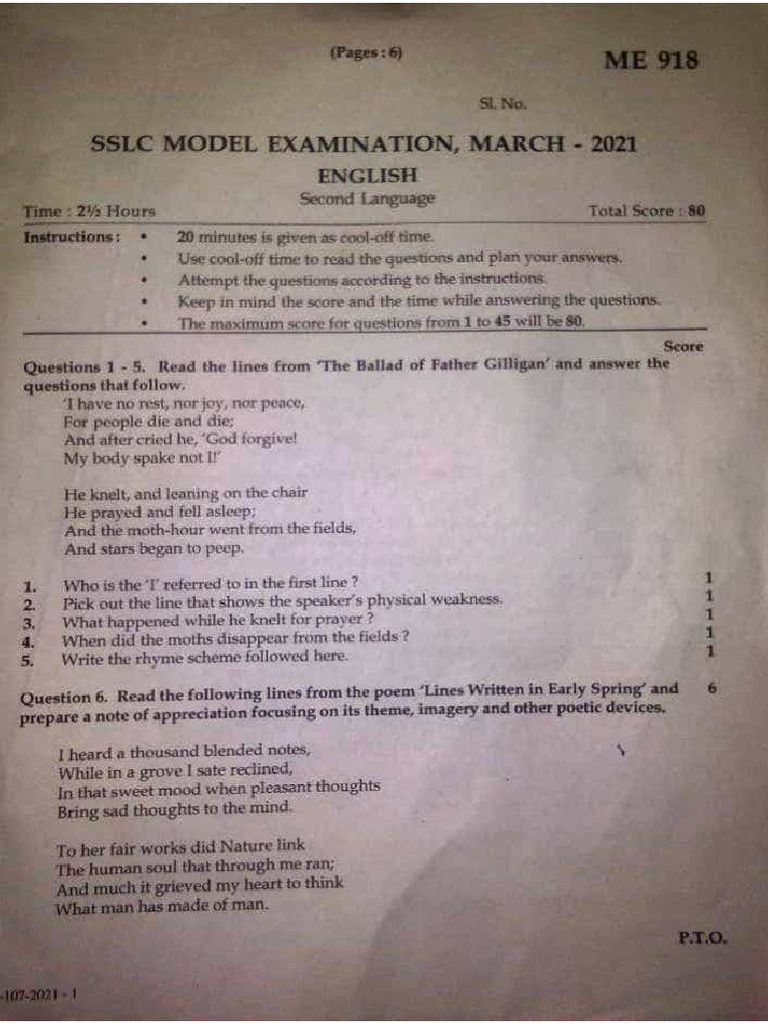 SSLC Model Exam English Question Paper 2021 | PDF