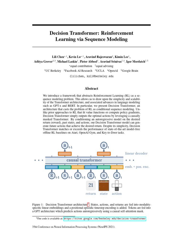 NeurIPS 2021 Decision Transformer Reinforcement Learning Via Sequence Modeling Paper | PDF ...