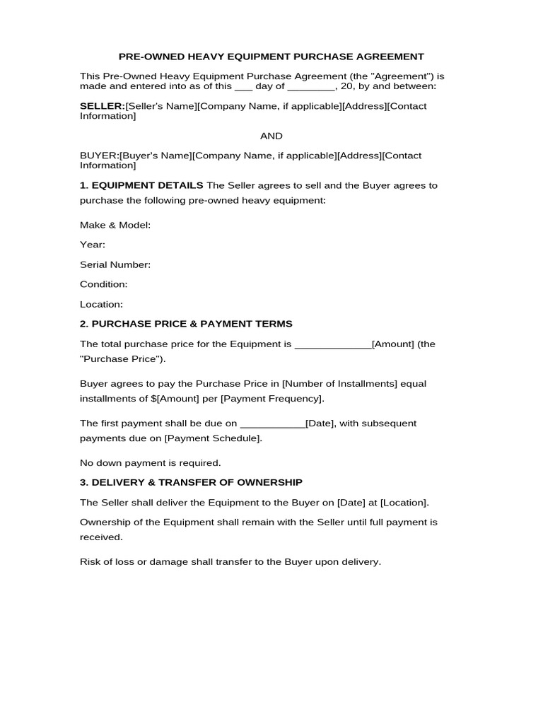 Pre-Owned Heavy Equipment Agreement | PDF