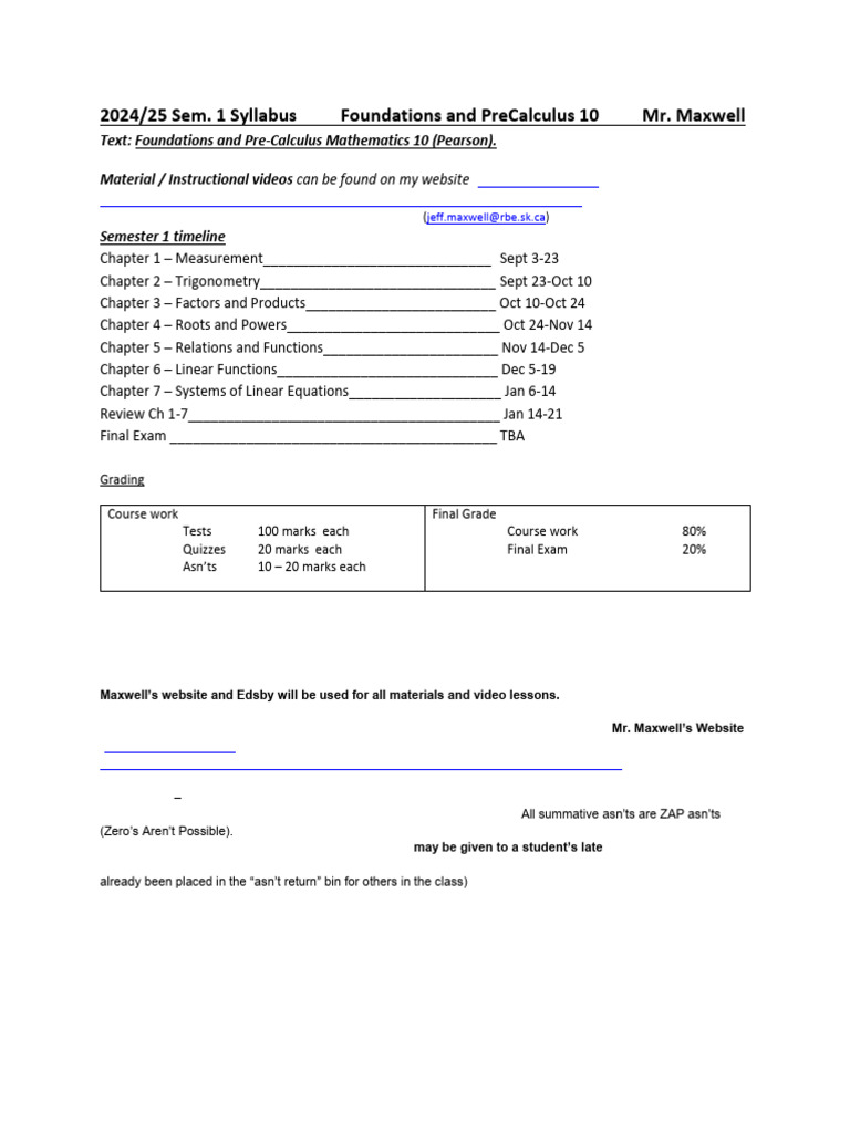 FM 10 Syllabus Sem1 2024 - 5 | PDF | Quiz | Homework