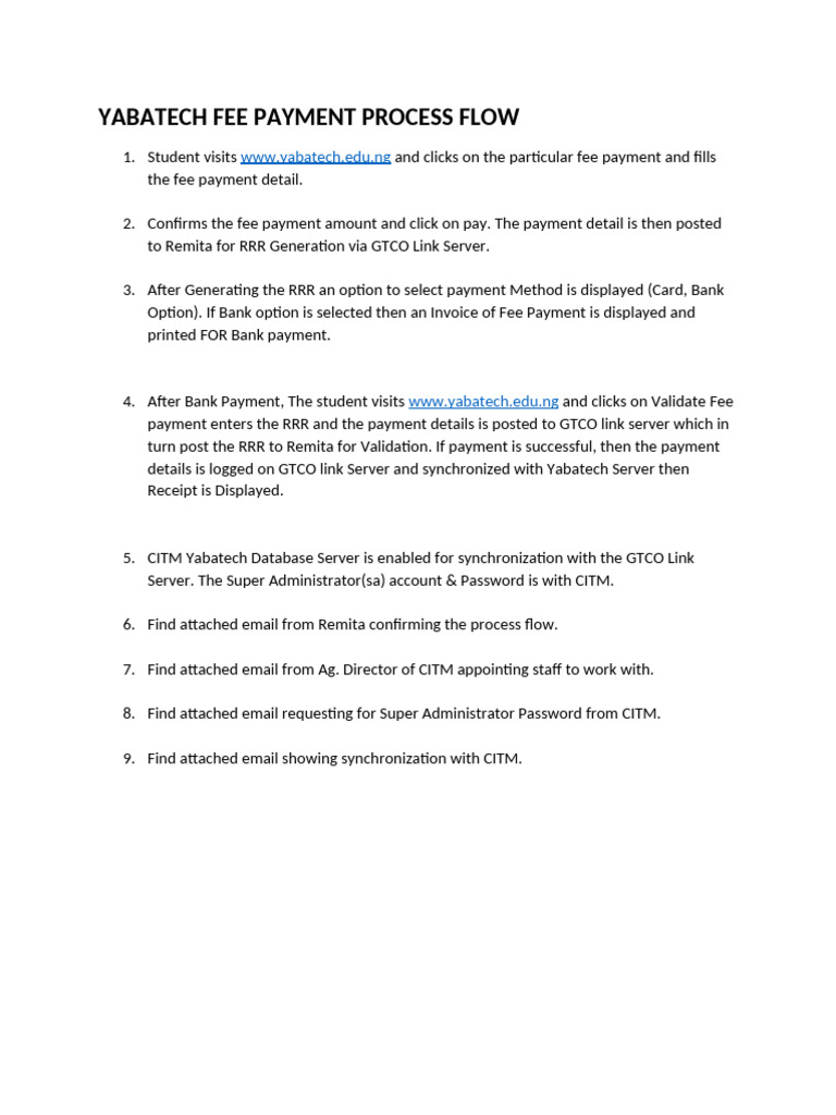 Yabatech Fee Payment Process Flow | PDF