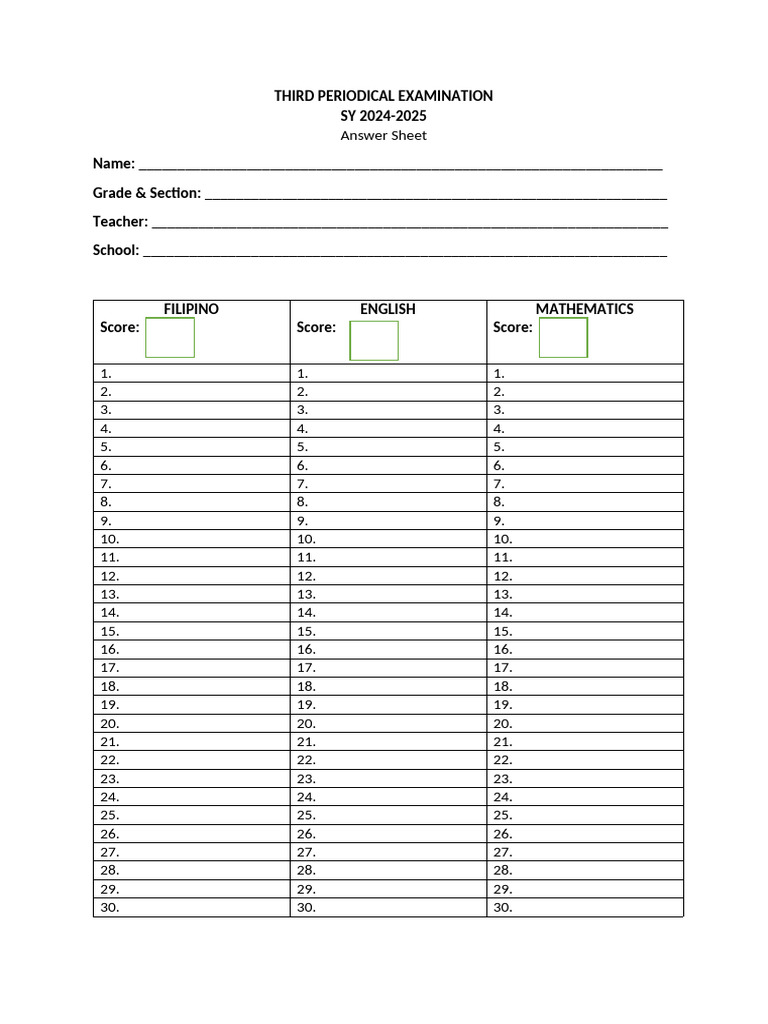 Third Periodical Exam Answer Sheet | PDF