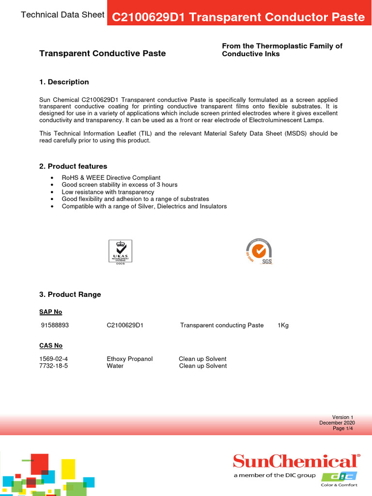 Data Sheet Transparent Conductor Paste C2100629D1 | PDF | Secondary ...