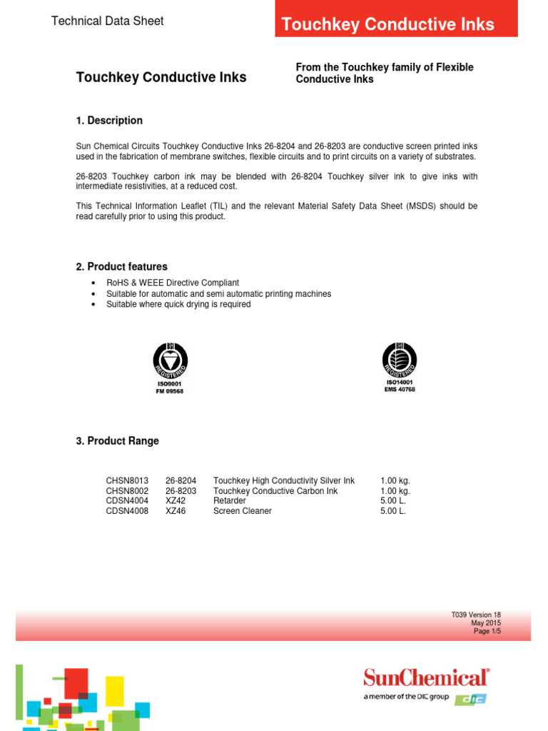 Touchkey Conductive Inks Data Sheet | PDF | Materials