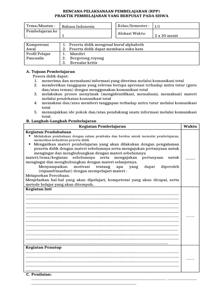 RPP Bahasa Indonesia Kelas 1 | PDF