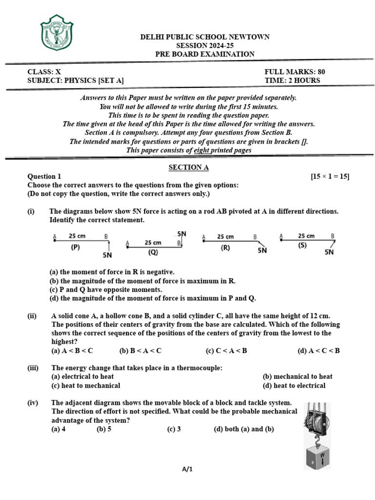 Cl. 10 - Pre Board - Physics (Set-A) | PDF | Heat Capacity | Heat