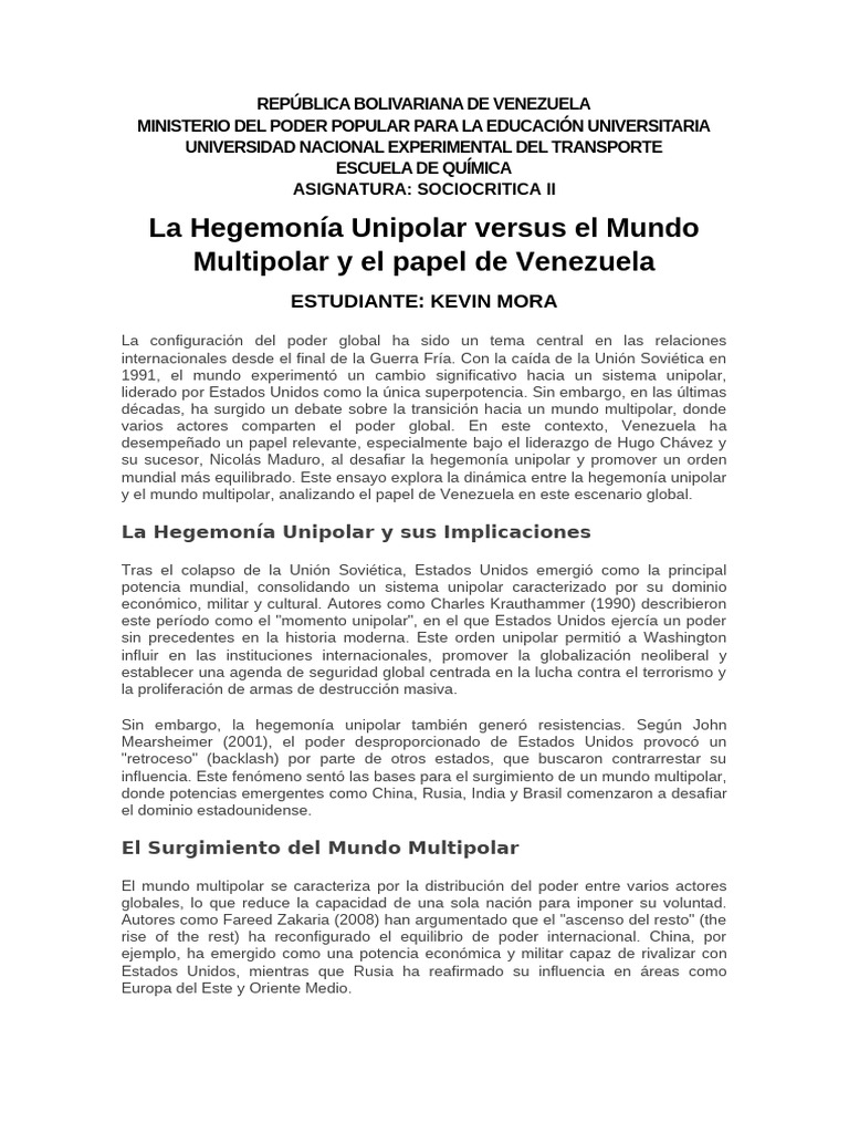 La Hegemonía Unipolar Versus El Mundo Multipolar Kevin Mora | PDF ...