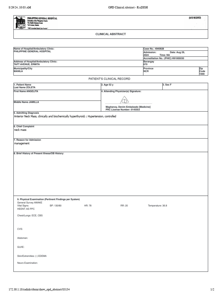Zoleta OPD Clinical Abstract - RADISH | PDF | Patient | Diseases And ...