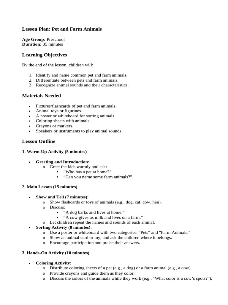 Pet and Farm Animals Lesson Plan | PDF
