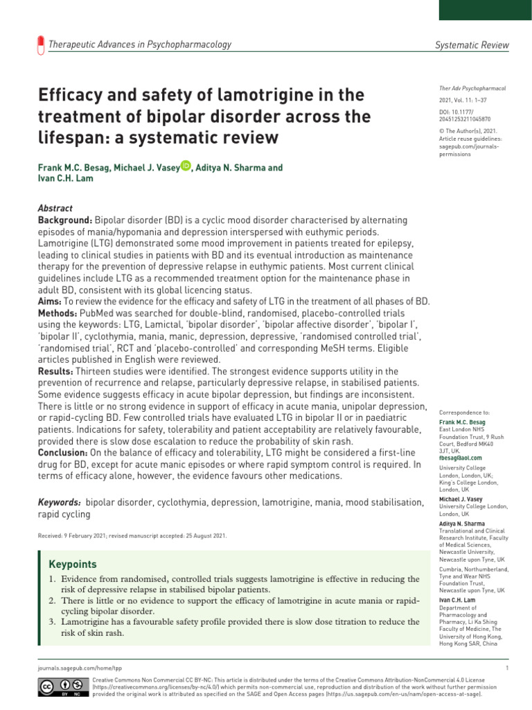 Efficacy and Safety of Lamotrigine in The Treatment of Bipolar Disorder ...