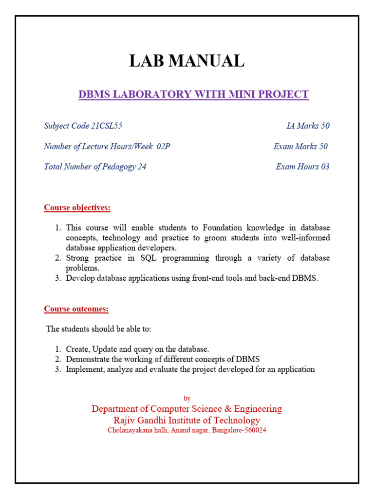 Dbms_Lab_Manual_21CSL55 | PDF | Databases | Conceptual Model