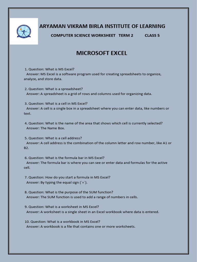 Class 5 CS Worksheet Term 2 | PDF | Microsoft Excel | Spreadsheet