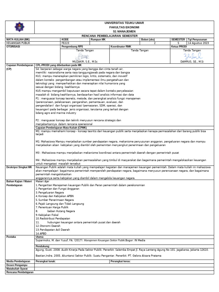 RPS Mata Kuliah Keuangan Publik | PDF