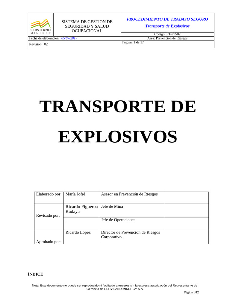 Procedimiento Seguro Transporte Explosivos | PDF | Transporte | Materiales
