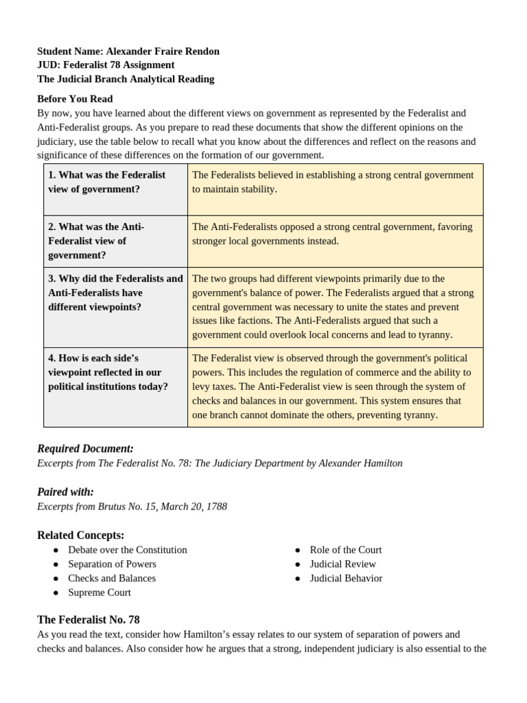 APGov JUD Federalist78Assignment | PDF | Separation Of Powers ...
