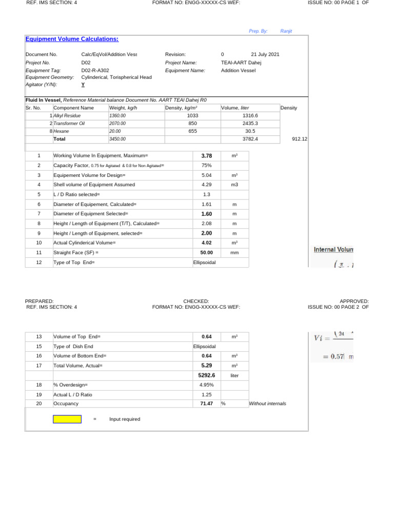 Equipment Volume Calculation for Addition Vessel | PDF | Density