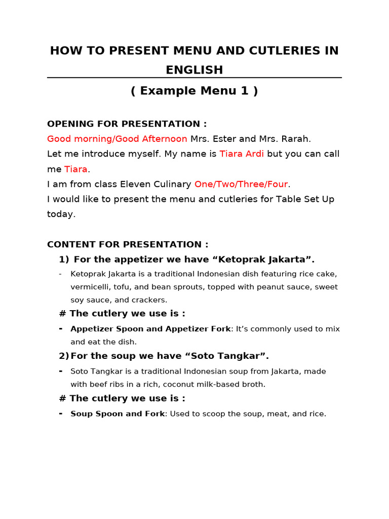 How To Present Menu and Cutleries in English | PDF
