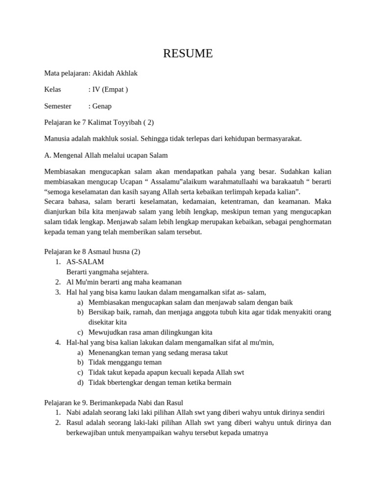 RESUME Akidah Akhlak Kelas 4,5,6 | PDF