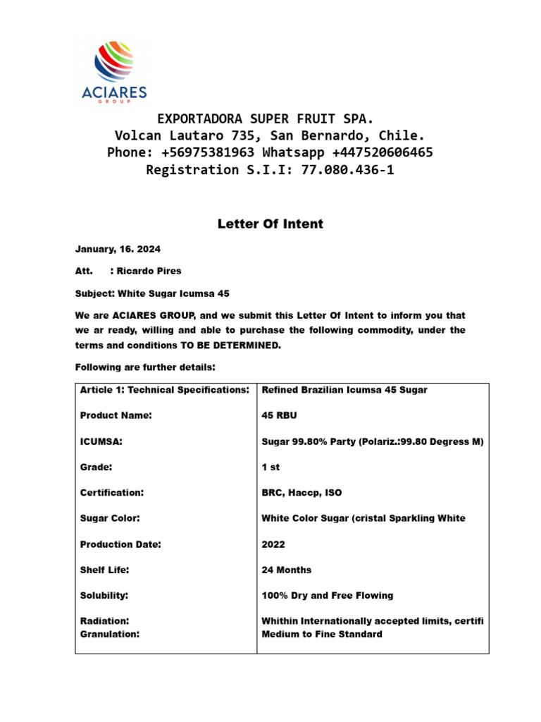 LOI Sugar Icumsa 45 Brasil RPires | PDF | Letter Of Credit | Bill Of Lading
