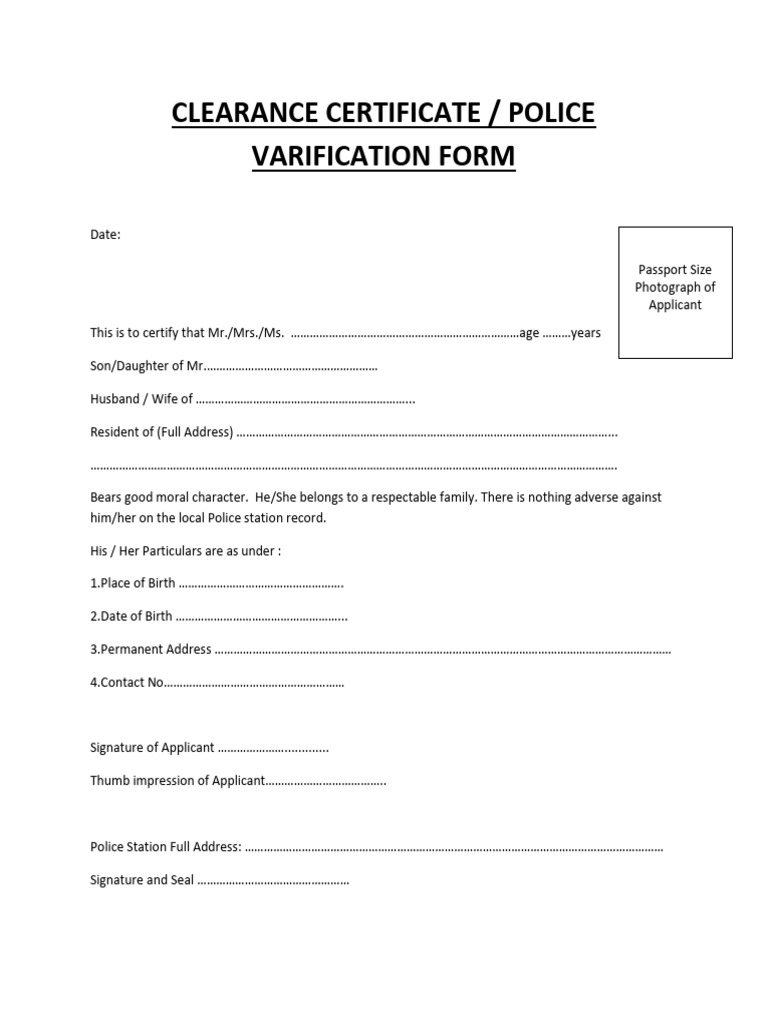 Police Clearance Certificate Form | PDF