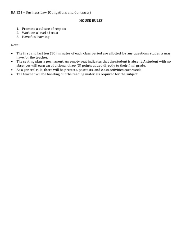 BA121 Rules Syllabus Grading System | PDF | Contract Law | Consent