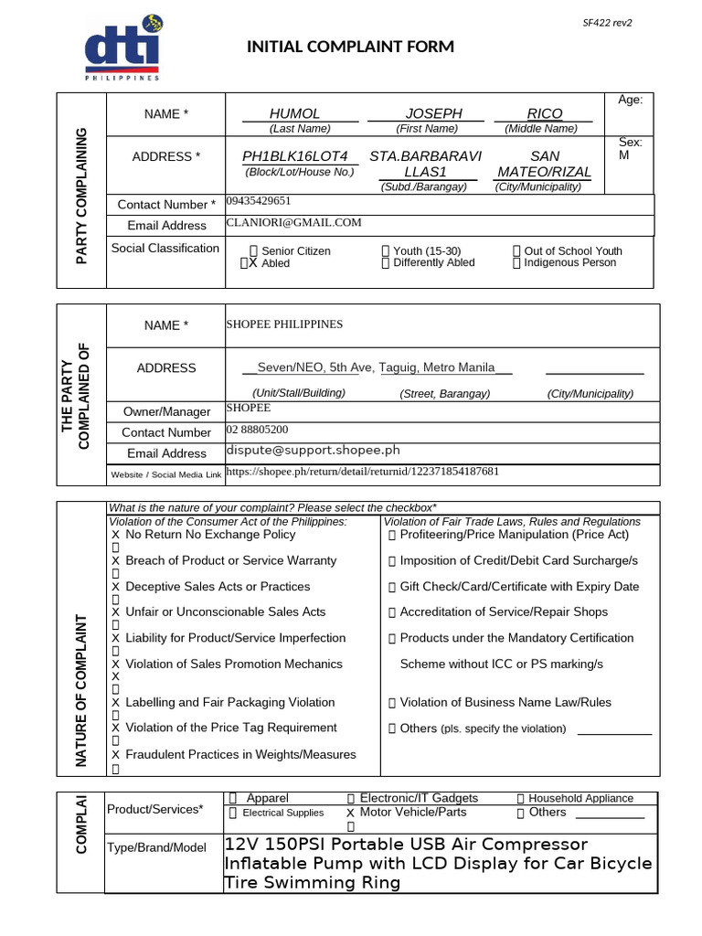 Shopee Complaint Form Submission | PDF | Receipt