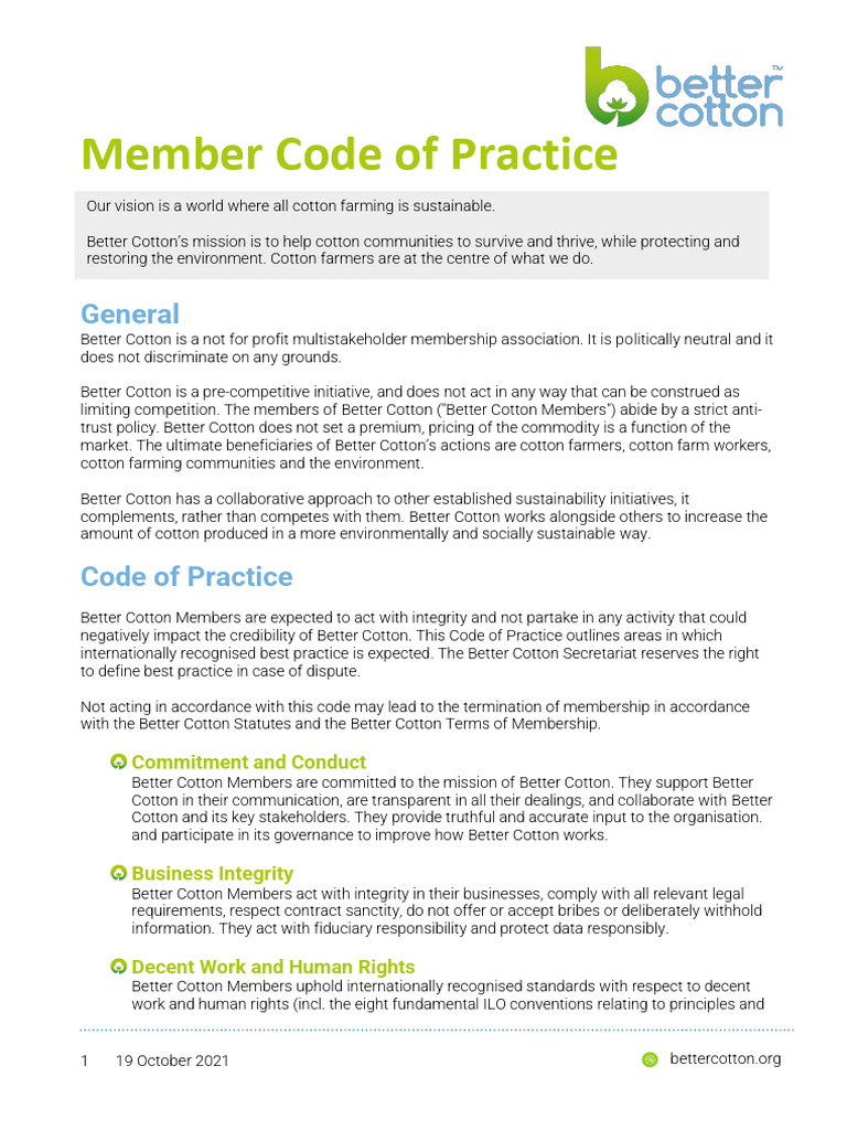 Better Cotton Membership Code of Practice | PDF | Business | Economies