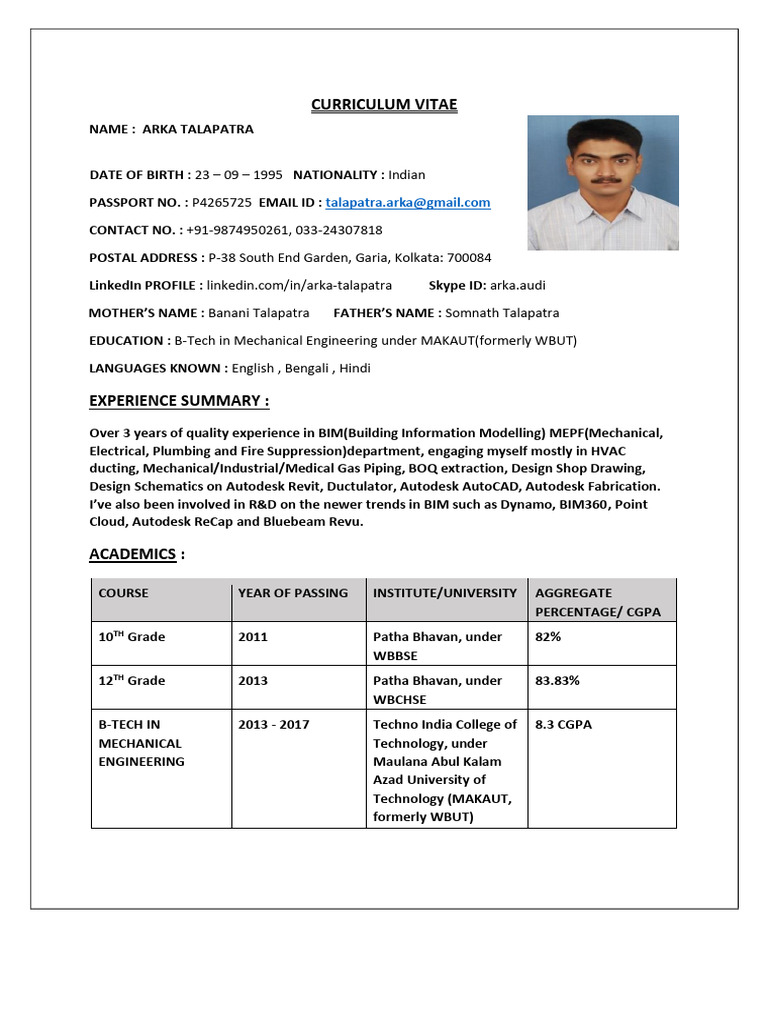 ARKA TALAPATRA CV | PDF | Autodesk | Building Information Modeling