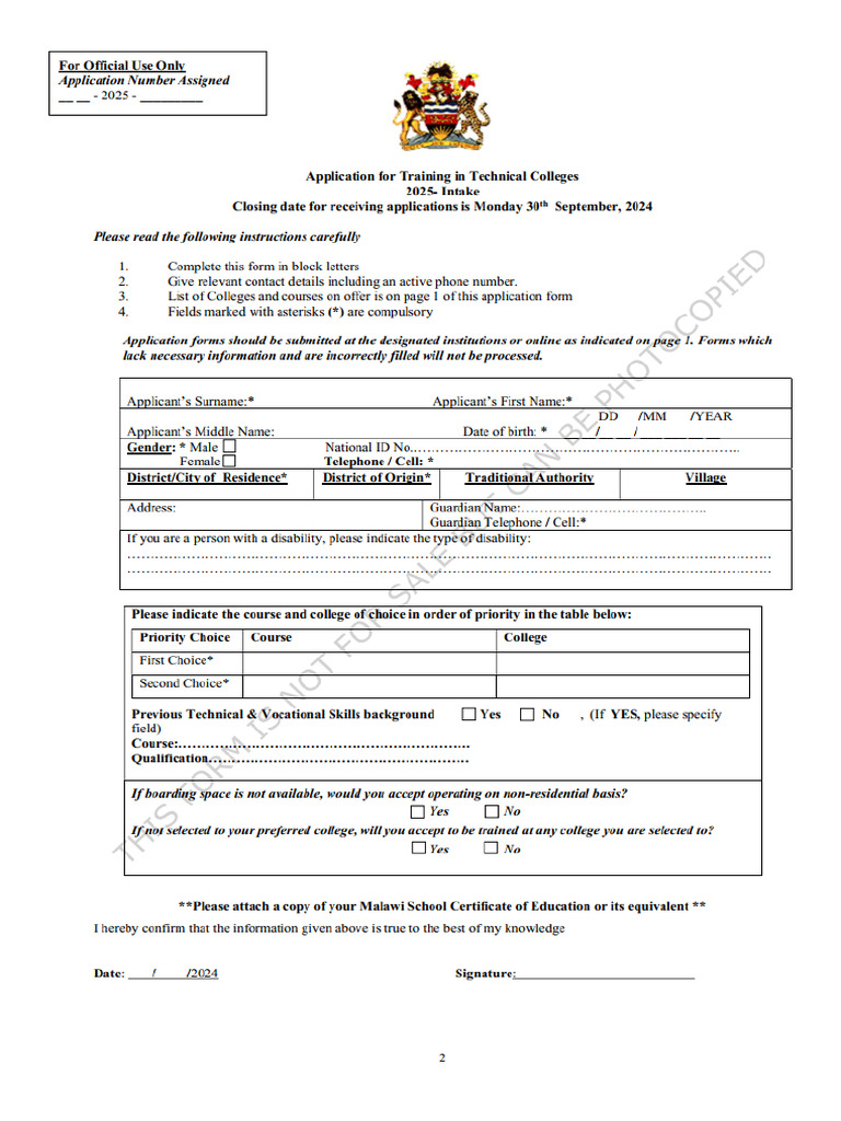 2025 Technical College Application Form | PDF