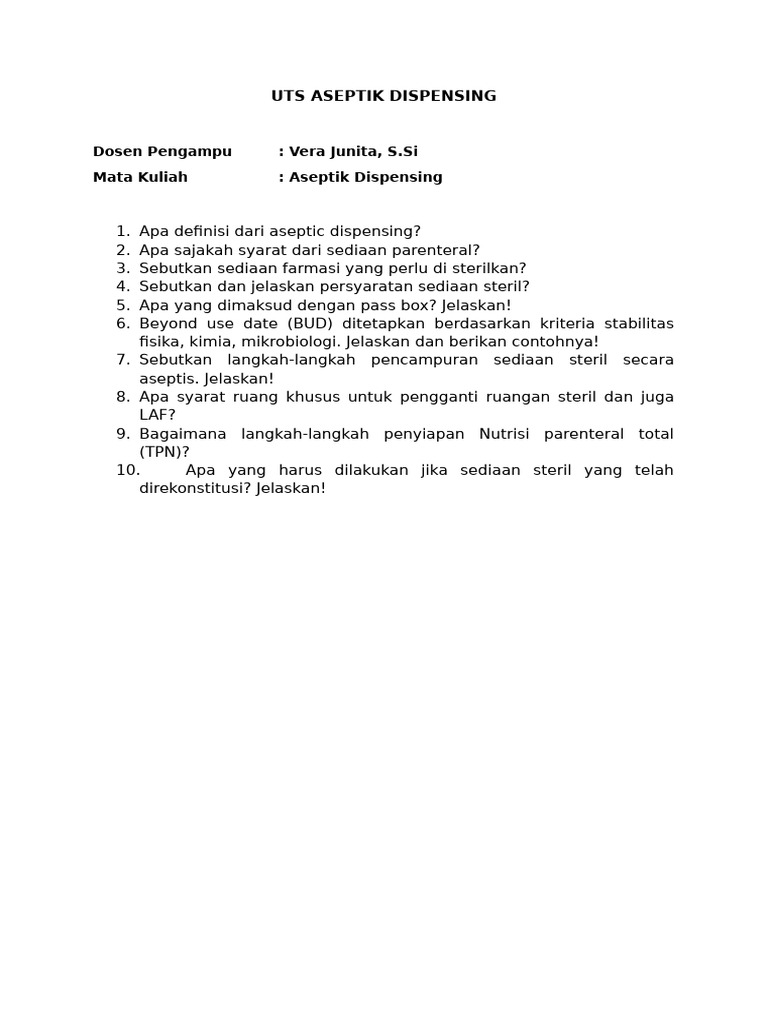 UTS Aseptik untuk Mahasiswa Farmasi | PDF