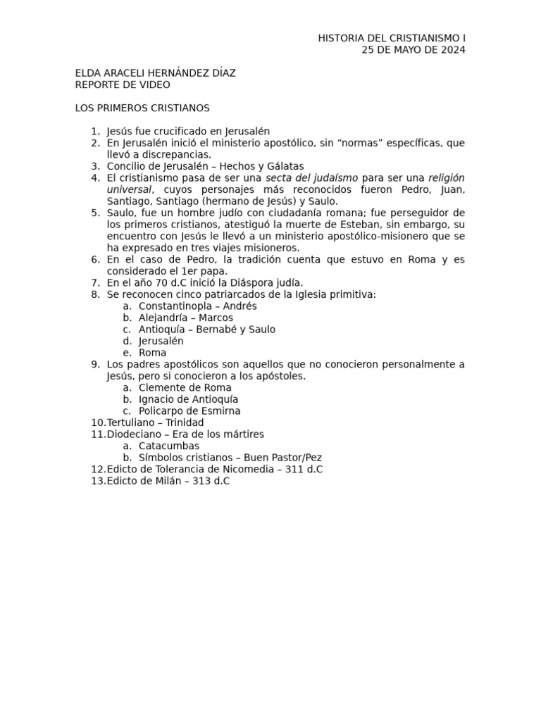 Elda Araceli Hernández Díaz - Reporte de Video - Los Primeros Cristianos | PDF
