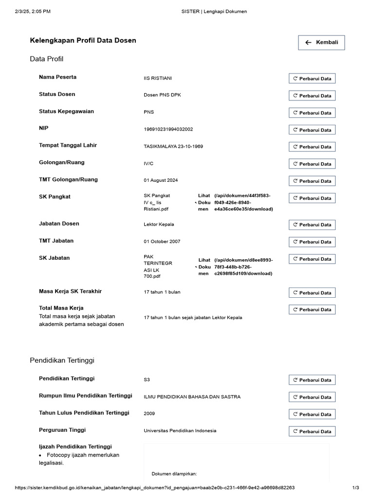SISTER - Lengkapi Dokumen - Profil | PDF