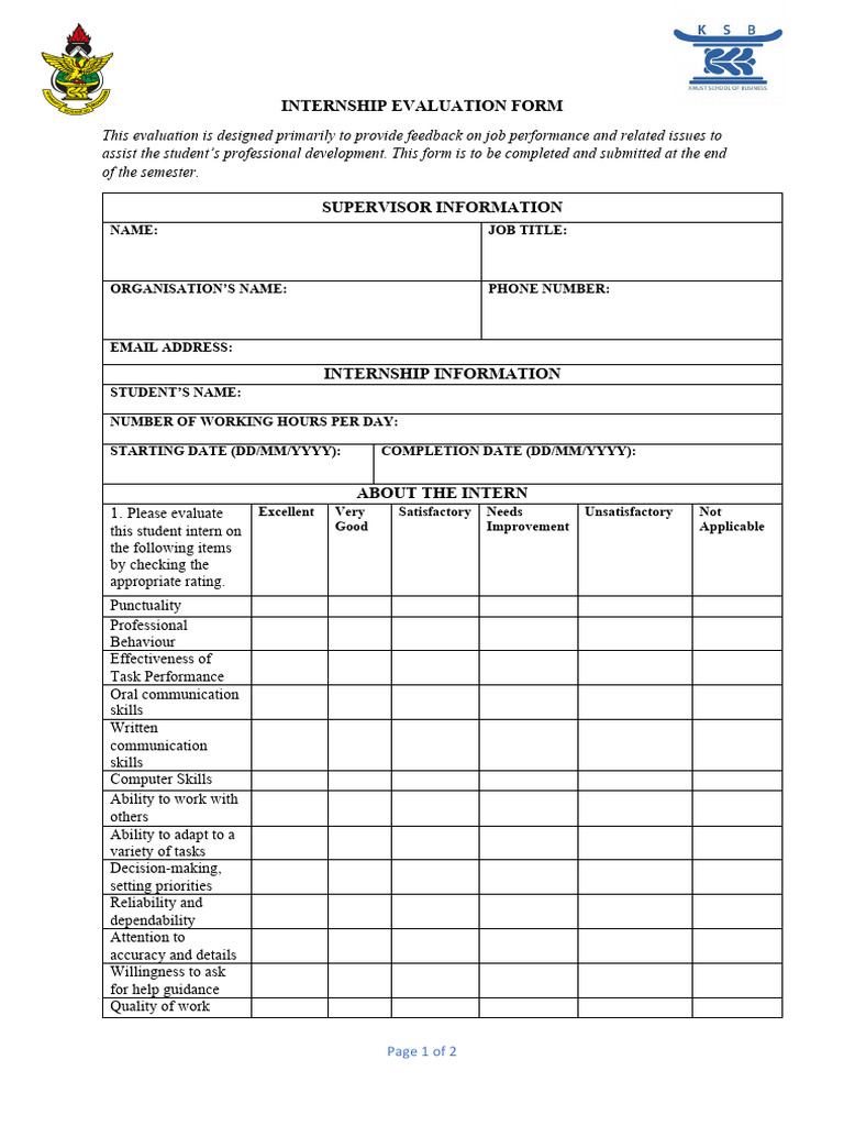 Internship Evaluation Form | PDF
