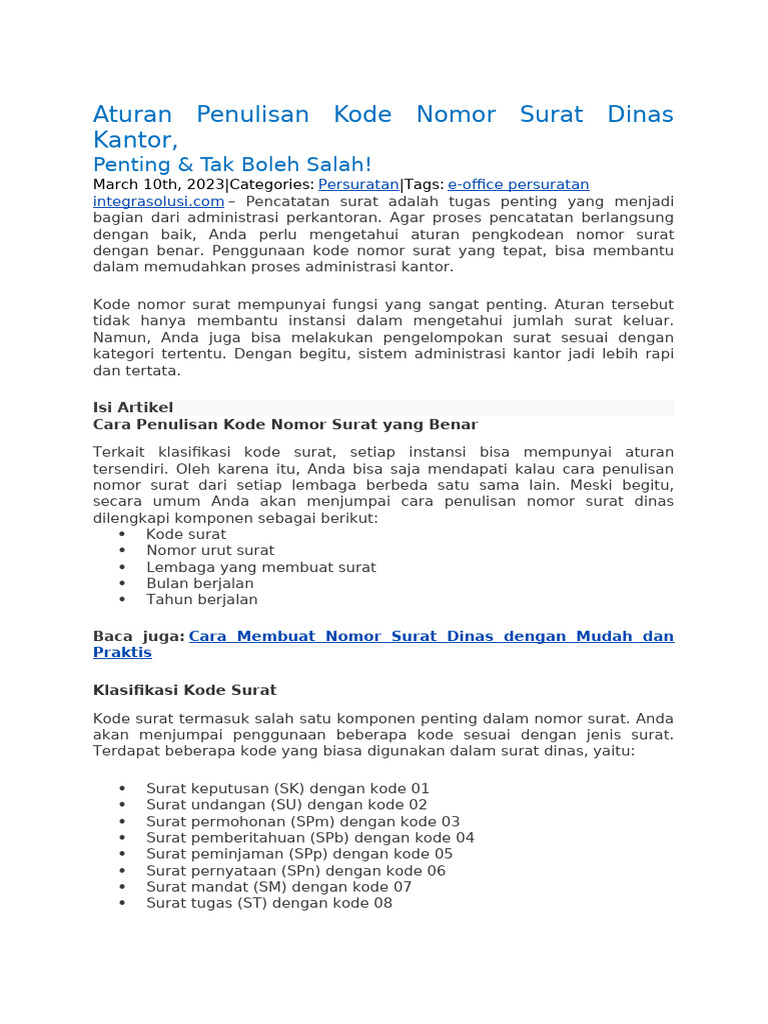 Aturan Penulisan Kode Nomor Surat Dinas Kantor | PDF