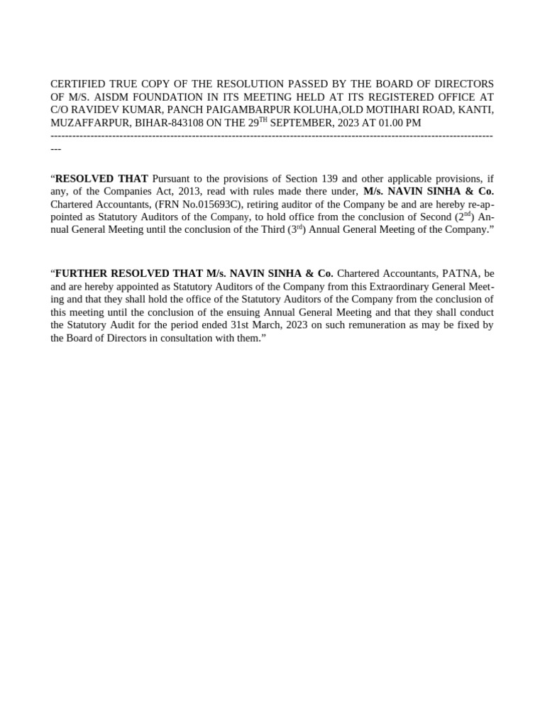 Board Resolution For Auditors Appointment AISDM | PDF