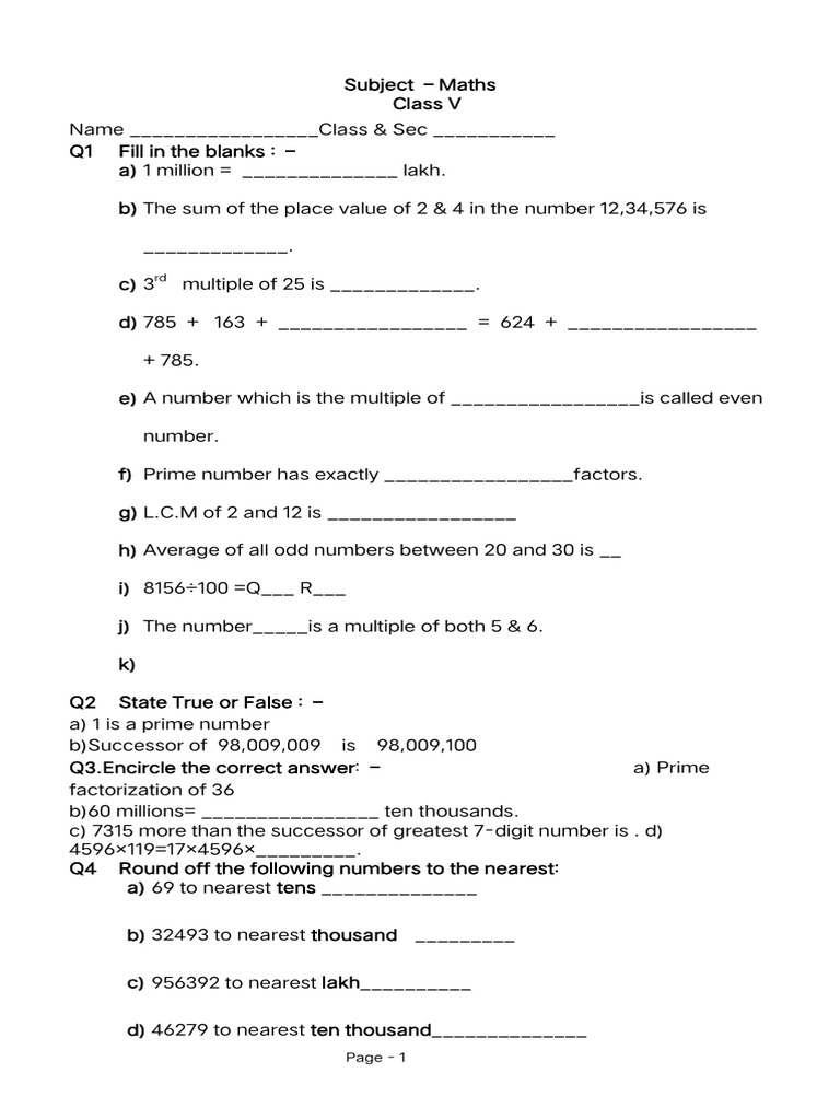 Class V Maths Worksheet: Key Concepts | PDF
