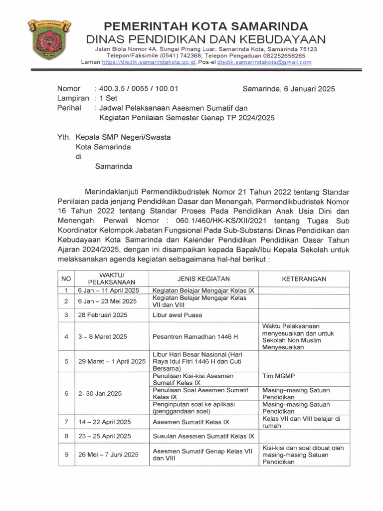 Revisi Edaran Jadwal Pelaksanaan Asesmen Sumatif Dan Penilaian SMP - 2025 | PDF