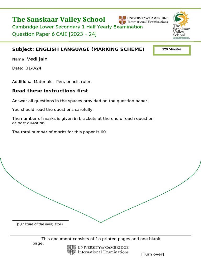 2023-24 CAIE HY Ms English PAPER 1 Copy | PDF | Syntax | Narrative